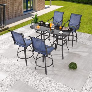 lokatse home 6 piece patio dining set outdoor furniture tesling swivel chairs bistro rotating stools with glass tempered table for poolside, cafe, porch, chic bar, blue