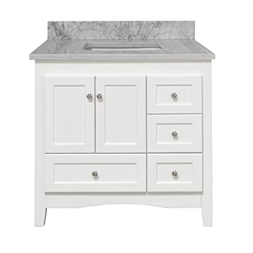 Abbey 36-inch Bathroom Vanity (White/Carrara Marble): Includes White Cabinet with Authentic Italian Carrara Marble Countertop and White Ceramic Sink