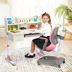 Costzon Kids Chair, Adjustable Height Student Chair w/Sit-Brake Casters, Seat Depth Adjustable, Footrest & Flip-up Armrest, Home School Ergonomic Computer Chair, Kids Desk Chair (Pink)