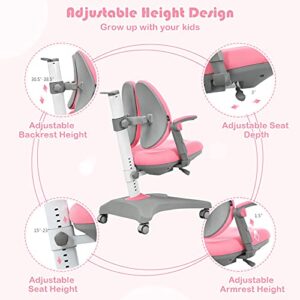 Costzon Kids Chair, Adjustable Height Student Chair w/Sit-Brake Casters, Seat Depth Adjustable, Footrest & Flip-up Armrest, Home School Ergonomic Computer Chair, Kids Desk Chair (Pink)