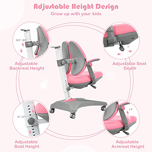 Costzon Kids Chair, Adjustable Height Student Chair w/Sit-Brake Casters, Seat Depth Adjustable, Footrest & Flip-up Armrest, Home School Ergonomic Computer Chair, Kids Desk Chair (Pink)