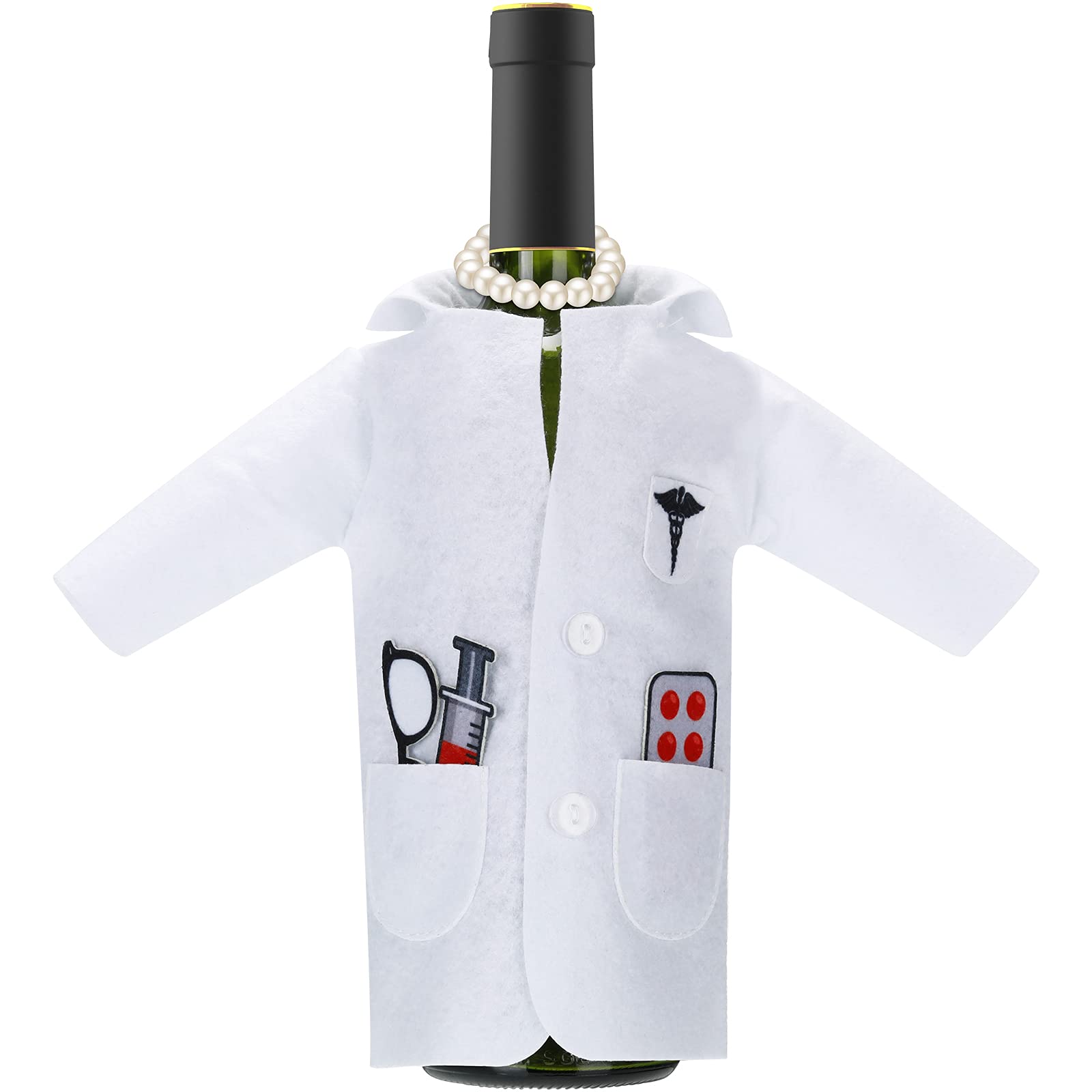 White Coat Wine Bag Doctor Wine Cover Felt Doctor Wine Insulated Cover Nurse Wine Wrapping Bag with Syringe Necklace for Male Female Graduation, Birthday, Anniversary, Nurse Practitioner