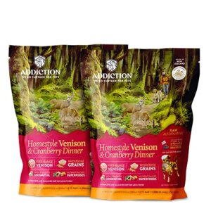 addiction homestyle venison & cranberry dinner raw alternative dog food - gently air-dried complete meal or dog food topper for digestive and skin and coat health, 2 lb