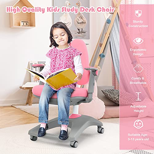 Costzon Kids Chair, Adjustable Height Student Chair w/Sit-Brake Casters, Seat Depth Adjustable, Footrest & Flip-up Armrest, Home School Ergonomic Computer Chair, Kids Desk Chair (Pink)