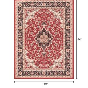 Well Woven Kings Court Gene Red - Non-Slip Rubber Backed Oriental Medallion 5x7 Area Rug - for Living Room & Dining Room - Kid & Pet Friendly, Easy-to-Clean, Machine-Washable, Low Looped Pile