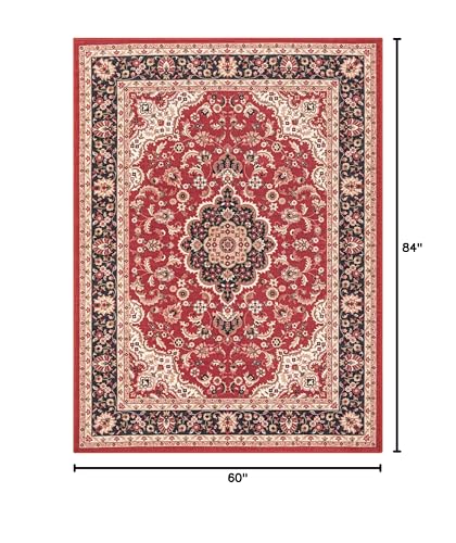 Well Woven Kings Court Gene Red - Non-Slip Rubber Backed Oriental Medallion 5x7 Area Rug - for Living Room & Dining Room - Kid & Pet Friendly, Easy-to-Clean, Machine-Washable, Low Looped Pile