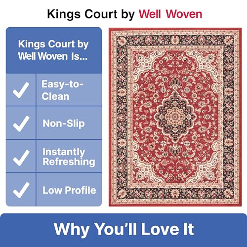 Well Woven Kings Court Gene Red - Non-Slip Rubber Backed Oriental Medallion 5x7 Area Rug - for Living Room & Dining Room - Kid & Pet Friendly, Easy-to-Clean, Machine-Washable, Low Looped Pile