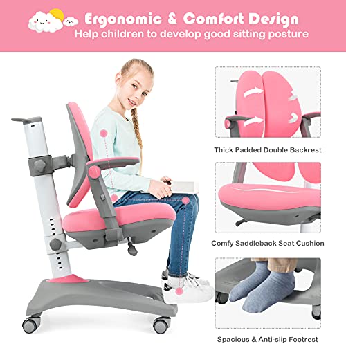 Costzon Kids Chair, Adjustable Height Student Chair w/Sit-Brake Casters, Seat Depth Adjustable, Footrest & Flip-up Armrest, Home School Ergonomic Computer Chair, Kids Desk Chair (Pink)