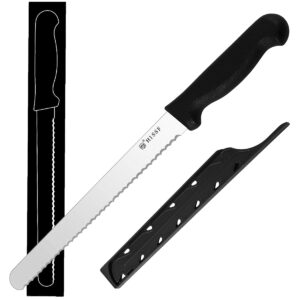 hissf serrated bread knife with sheath 10 inch, black upgraded stainless steel razor sharp wavy edge wide bread cutter, for slicing homemade bread, bagels, cake,dishwasher safe