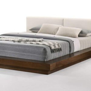 Limari Home Albina Collection Modern Style Bedroom Walnut Veneer Finished Leatherette Upholstered Platform Low Profile Bed, Eastern King, Brown, White