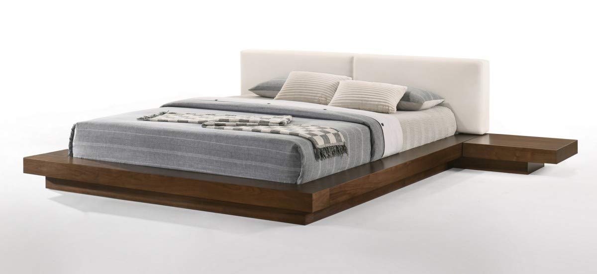 Limari Home Albina Collection Modern Style Bedroom Walnut Veneer Finished Leatherette Upholstered Platform Low Profile Bed, Eastern King, Brown, White