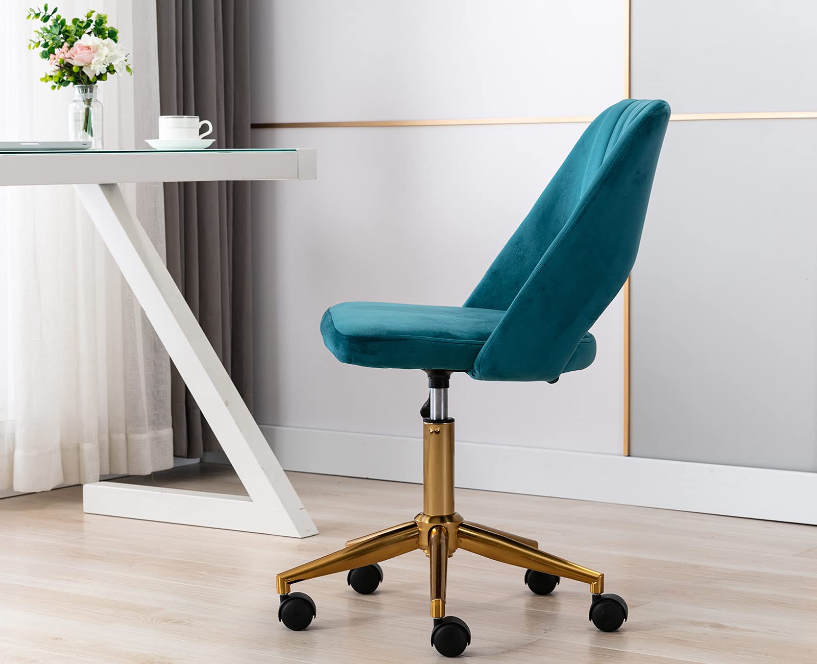 ZHENGHAO Modern Armless Desk Chair Vanity Stool for Teen Girls, Hollow Back Task Chair Study Chair Sewing Chair with Gold Base for Home OfficeBedroomLiving Room (Green)