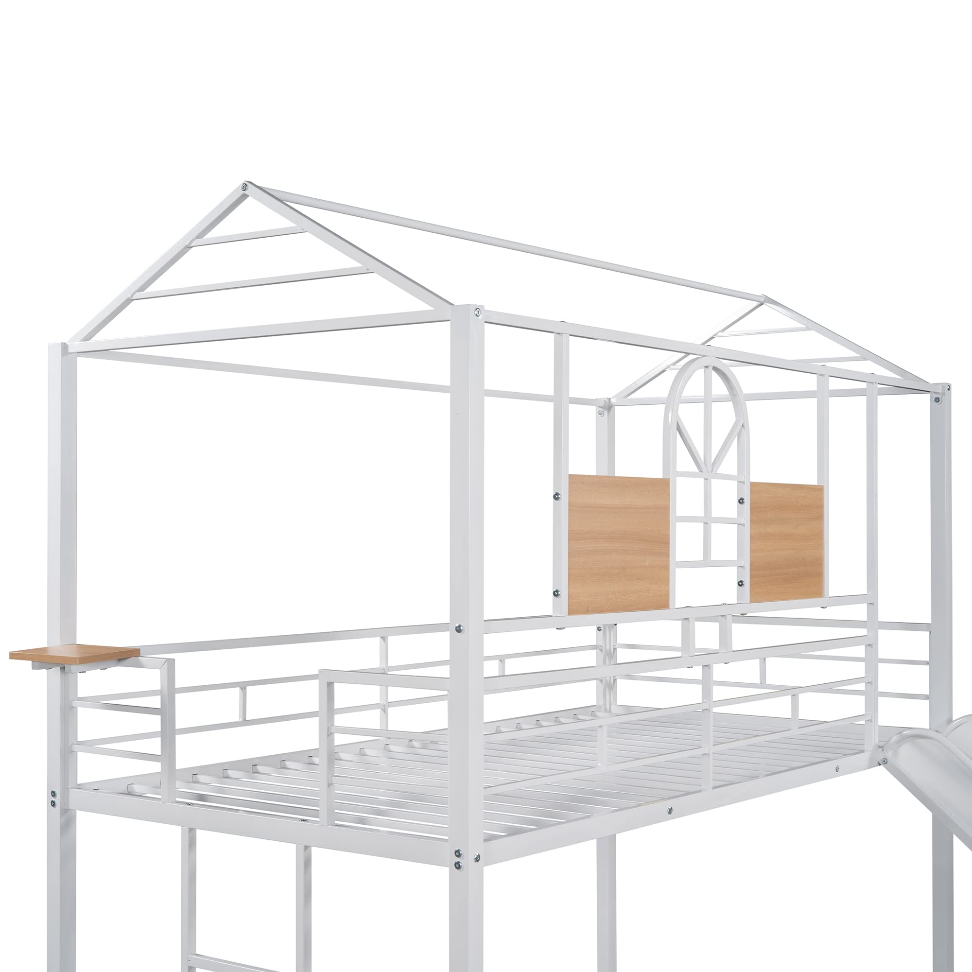 Bellemave Twin Over Twin Metal Bunk Bed with Slide, House Bunk Bed with Roof and Guardrails for Kids, Teens, Girls, Boys (White)