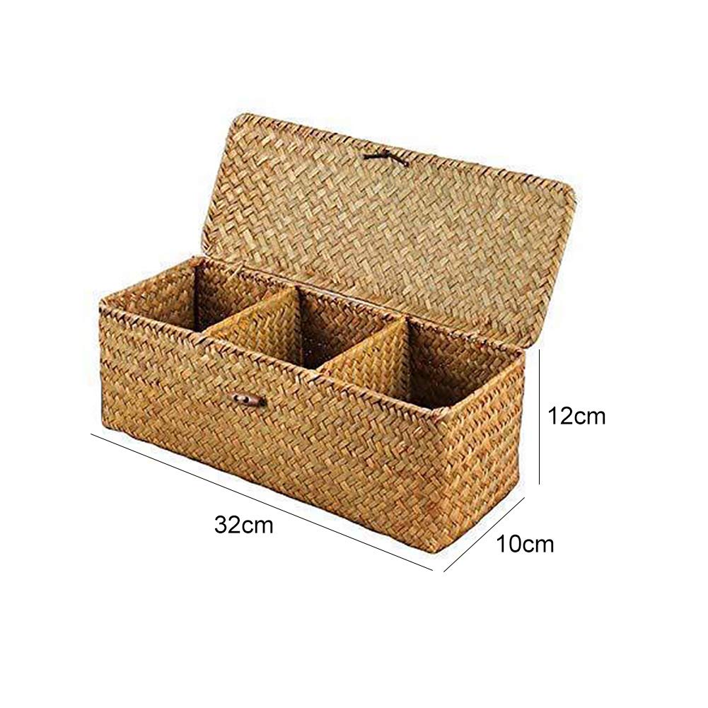 3 Compartment Storage Basket with Lid 3 Grid Hand-Woven Water Hyacinth Storage Basket Home Organizer Bins for Makeup, Clothes, Bathroom, Toilet and Home Items