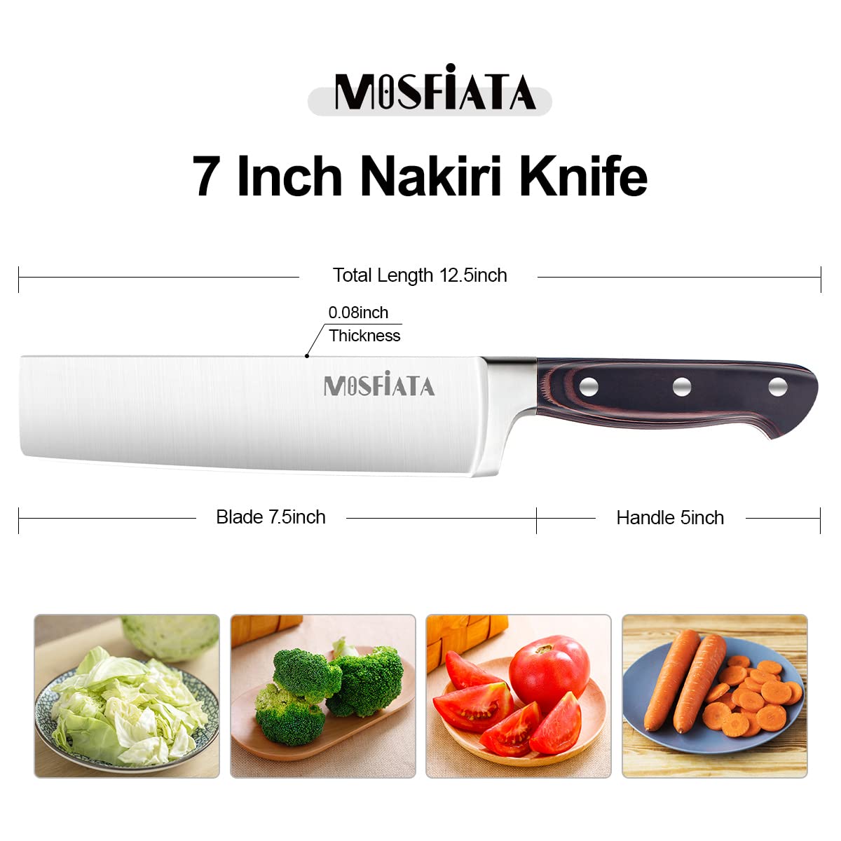 MOSFiATA Nakiri Knife 7 Inch Vegetable Cleaver Knife, 5Cr15Mov High Carbon Stainless Steel Kitchen Cooking Knife with Ergonomic Pakkawood Handle, Full Tang Meat Cutting Knife with Sheath for Kitchen