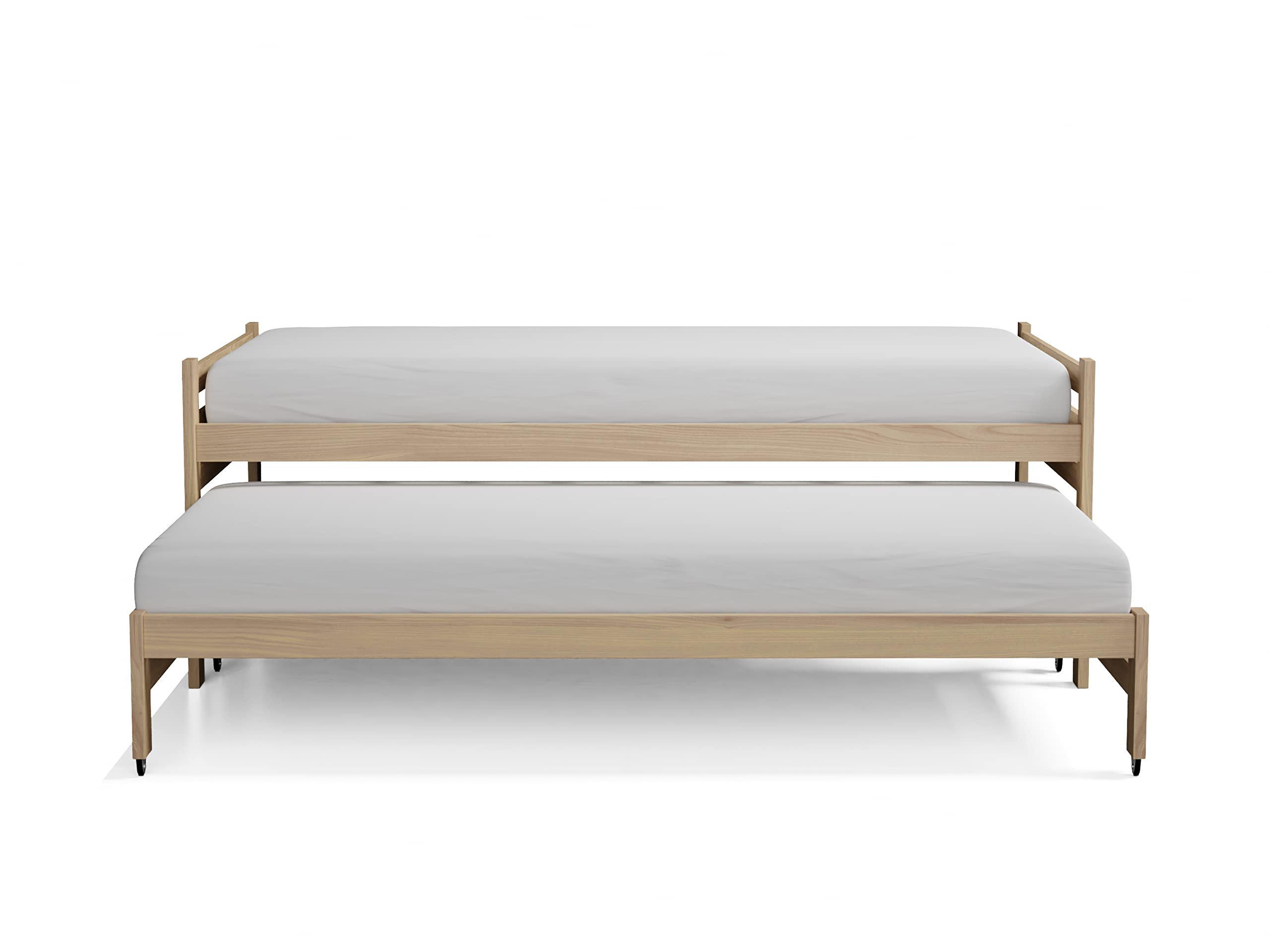 Twin XL Over Twin Size Bed Pennsylvania Wooden Wheeled Platform Bed Solid Pine Wood with Casters Unfinished with Wooden Slats Mattress Support/No Box Spring Needed – Two Beds Set