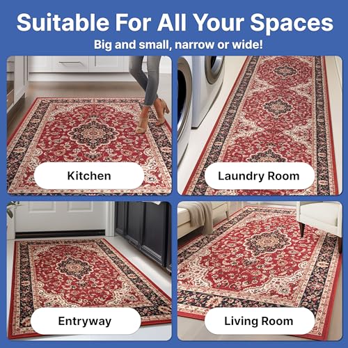 Well Woven Kings Court Gene Red - Non-Slip Rubber Backed Oriental Medallion 5x7 Area Rug - for Living Room & Dining Room - Kid & Pet Friendly, Easy-to-Clean, Machine-Washable, Low Looped Pile