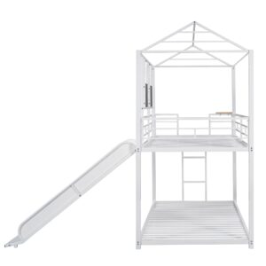 Bellemave Twin Over Twin Metal Bunk Bed with Slide, House Bunk Bed with Roof and Guardrails for Kids, Teens, Girls, Boys (White)