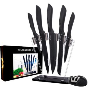 hissf chef knife set 7 piece,black high carbon stainless steel kitchen knife sets with block acrylic, knife block set with knife sharpener professional,non stick coating for rust proof and sharp