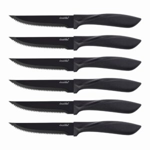 dearithe steak knives set of 6, black serrated stainless steel sharp blade flatware steak knife set, 4.5 inches,non stick coating for anti-rusting, for restaurant tableware kitchen camping