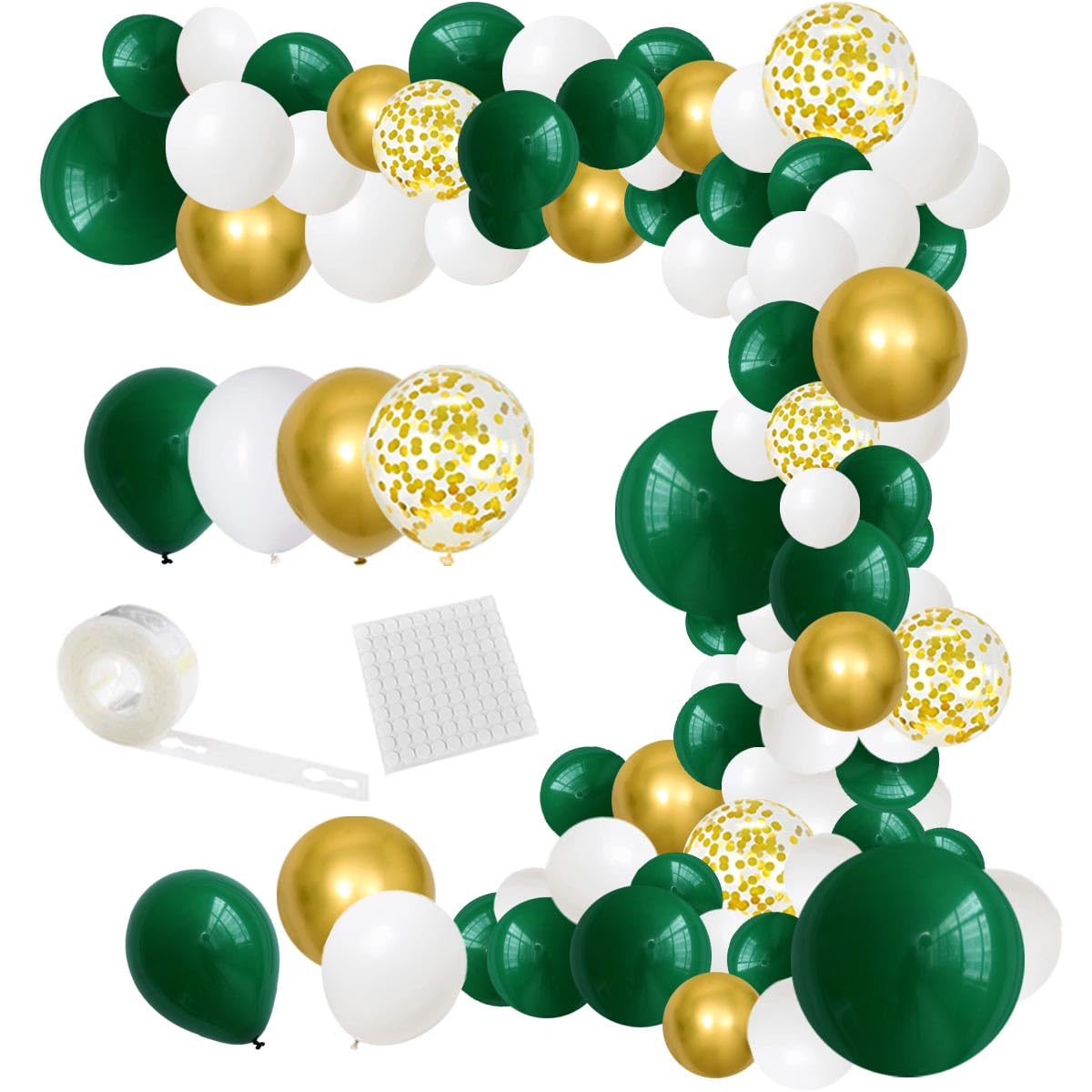 Dark Green White Gold Balloon Garland Arch Kit, 105PCS White Dark Green Metallic Gold Confetti Balloons for Birthday Wedding Engagement Anniversary Retirement Graduation Football Party Decorations