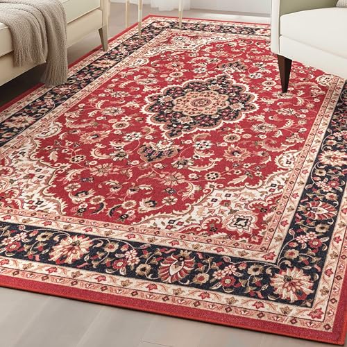 Well Woven Kings Court Gene Red - Non-Slip Rubber Backed Oriental Medallion 5x7 Area Rug - for Living Room & Dining Room - Kid & Pet Friendly, Easy-to-Clean, Machine-Washable, Low Looped Pile