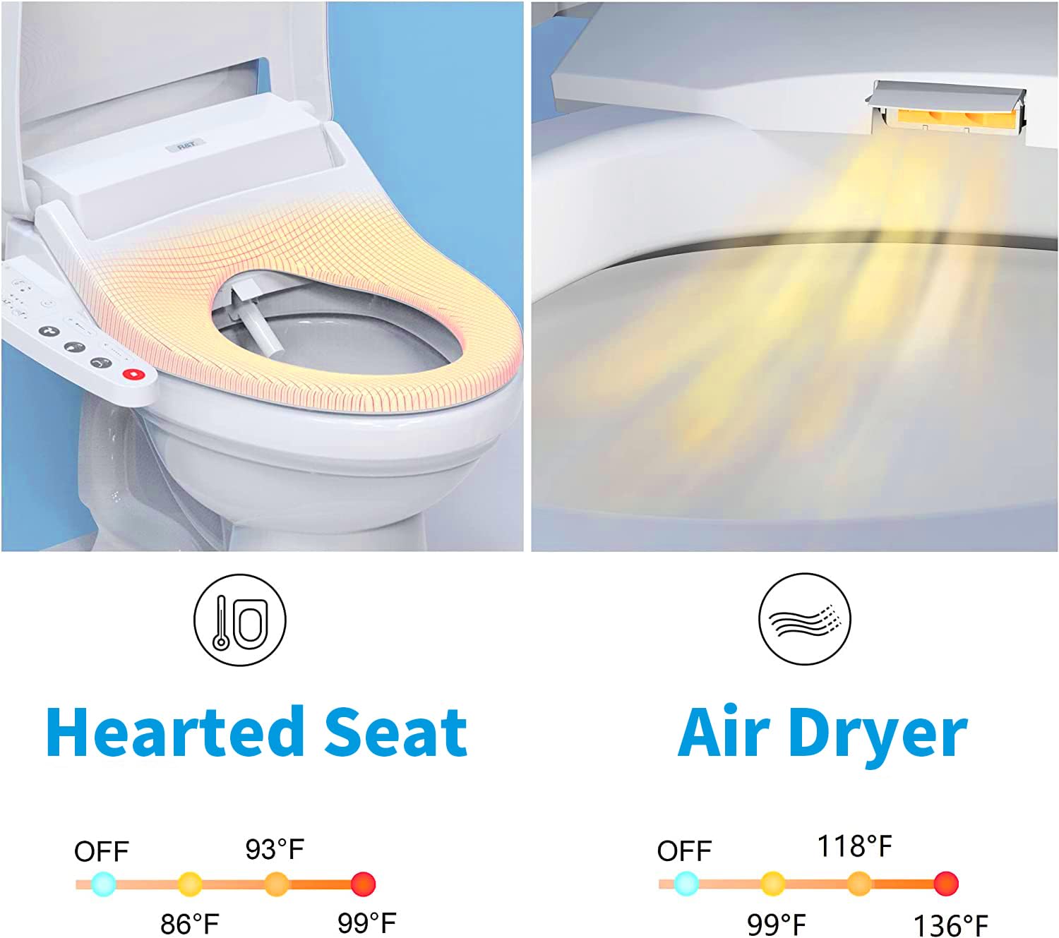 R&T Electronic Bidet Seat for Elongated Toilet, Smart Toilet Seat with Warm Air Dryer and Temperature Controlled Wash Functions (V2601 Heated Bidet Seat)