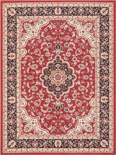 Well Woven Kings Court Gene Red - Non-Slip Rubber Backed Oriental Medallion 5x7 Area Rug - for Living Room & Dining Room - Kid & Pet Friendly, Easy-to-Clean, Machine-Washable, Low Looped Pile