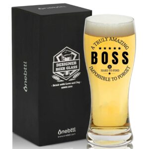 onebttl boss gifts for men, beer glass for boss, 15 oz pint glass, beer mug, perfect boss idea for men/male in boss day, birthday, christmas, appreciation, office - amazing