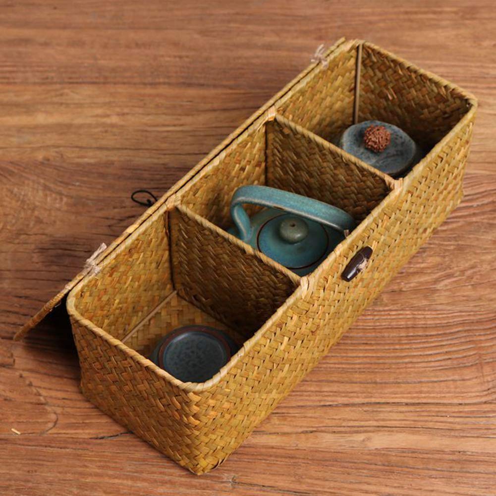 3 Compartment Storage Basket with Lid 3 Grid Hand-Woven Water Hyacinth Storage Basket Home Organizer Bins for Makeup, Clothes, Bathroom, Toilet and Home Items