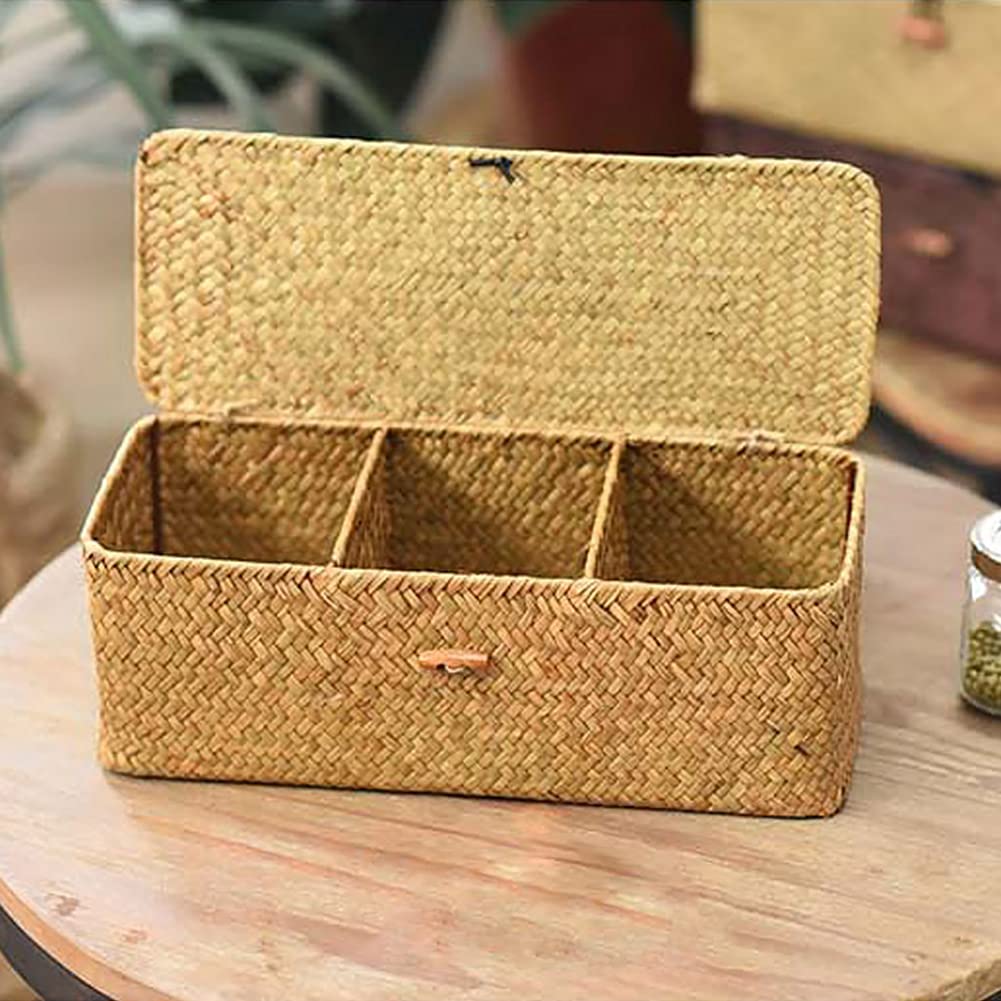 3 Compartment Storage Basket with Lid 3 Grid Hand-Woven Water Hyacinth Storage Basket Home Organizer Bins for Makeup, Clothes, Bathroom, Toilet and Home Items