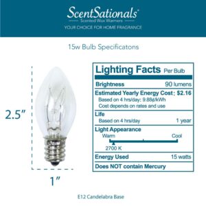 Scentsationals 15 Watt Wax Warmer Light Bulb - 15 Watt Light Bulbs for Wax Warmers, Wax Warmer Light Bulb Replacement - Style C7 Bulbs for Plug-in Wax Warmers - Pack of 12 Wax Warmer Bulbs, Clear