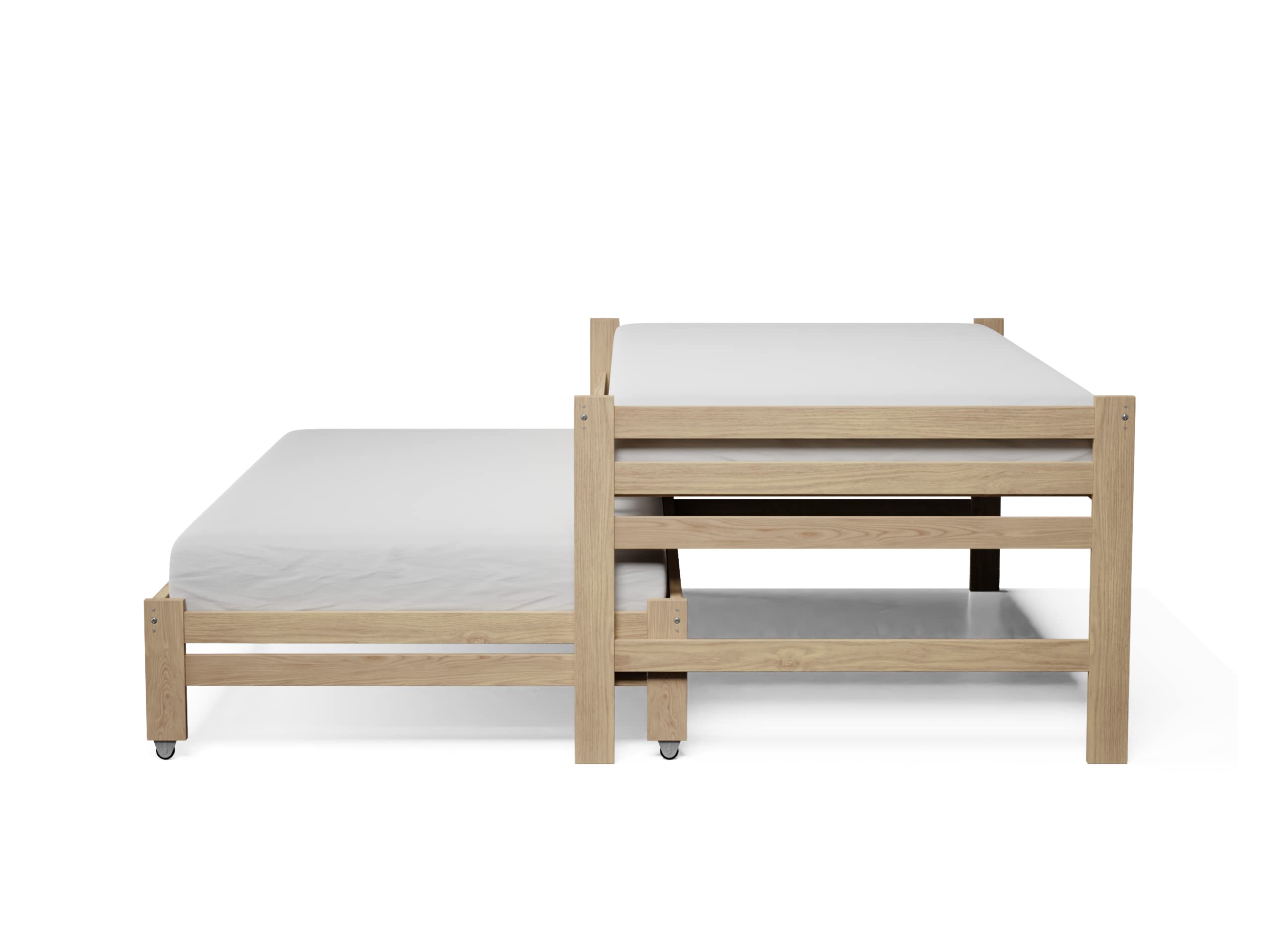 Twin XL Over Twin Size Bed Pennsylvania Wooden Wheeled Platform Bed Solid Pine Wood with Casters Unfinished with Wooden Slats Mattress Support/No Box Spring Needed – Two Beds Set