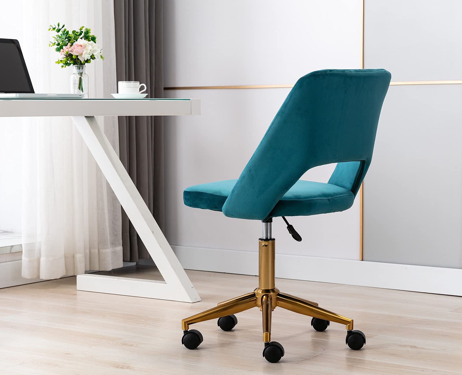 ZHENGHAO Modern Armless Desk Chair Vanity Stool for Teen Girls, Hollow Back Task Chair Study Chair Sewing Chair with Gold Base for Home OfficeBedroomLiving Room (Green)