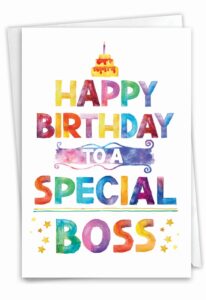 nobleworks - funny happy birthday to best boss note card with envelope (4.63 x 6.75 inch) - watercolor bday greeting card for women and men - bday celebration notecard - special boss c9582bdg