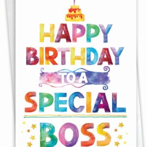 NobleWorks - Funny Happy Birthday to Best Boss Note Card with Envelope (4.63 x 6.75 Inch) - Watercolor Bday Greeting Card for Women and Men - Bday Celebration Notecard - Special Boss C9582BDG