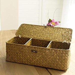 3 Compartment Storage Basket with Lid 3 Grid Hand-Woven Water Hyacinth Storage Basket Home Organizer Bins for Makeup, Clothes, Bathroom, Toilet and Home Items