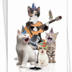 NobleWorks - Kittens Birthday Greeting Card with 5 x 7 Inch Envelope (1 Card), Fun Animal Bday Celebration - Animal Bands - Cats C9508GBDG