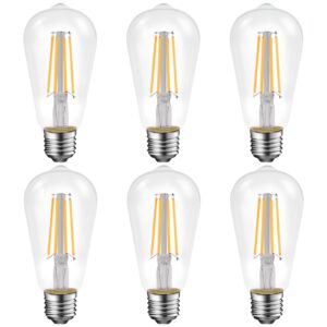 energetic dimmable led filament light bulbs, high brightness, 8w, 60 watt equivalent, st18 st58, soft white 2700k, classic clear glass, 6 pack