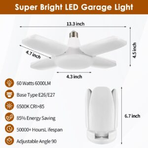 YWD LED Garage Lights 2Pack,60W Deformable Led Garage Ceiling Lighting 6000LM E26/E27 Daylight 6500K Super Bright Garage Light Adjustable Garage Light for Garage,Workbench,Barn,Warehouse