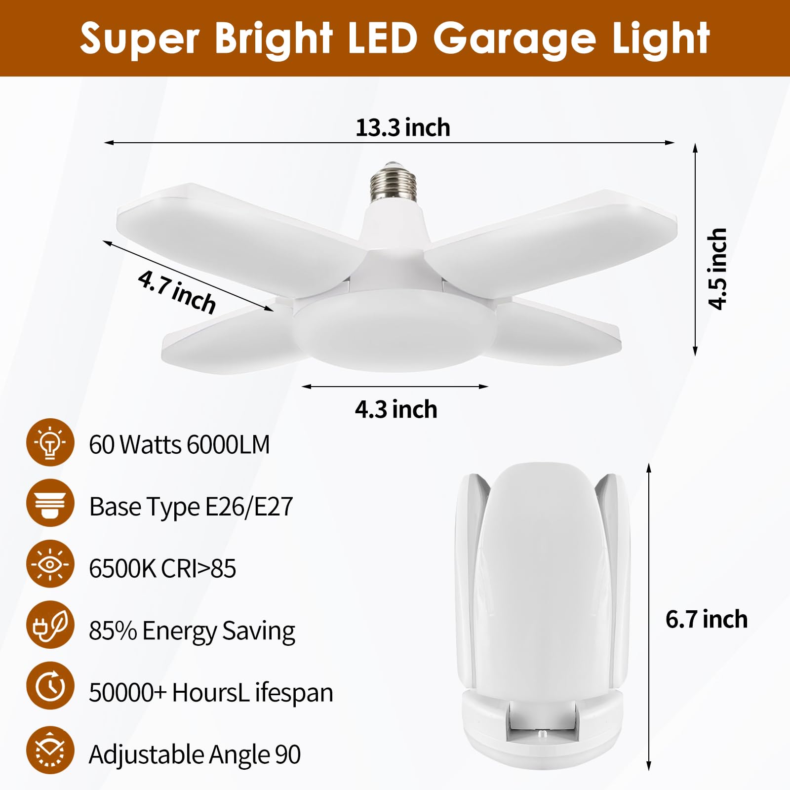 YWD LED Garage Lights 2Pack,60W Deformable Led Garage Ceiling Lighting 6000LM E26/E27 Daylight 6500K Super Bright Garage Light Adjustable Garage Light for Garage,Workbench,Barn,Warehouse