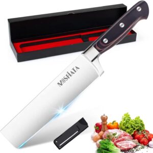 mosfiata nakiri knife 7 inch vegetable cleaver knife, 5cr15mov high carbon stainless steel kitchen cooking knife with ergonomic pakkawood handle, full tang meat cutting knife with sheath for kitchen