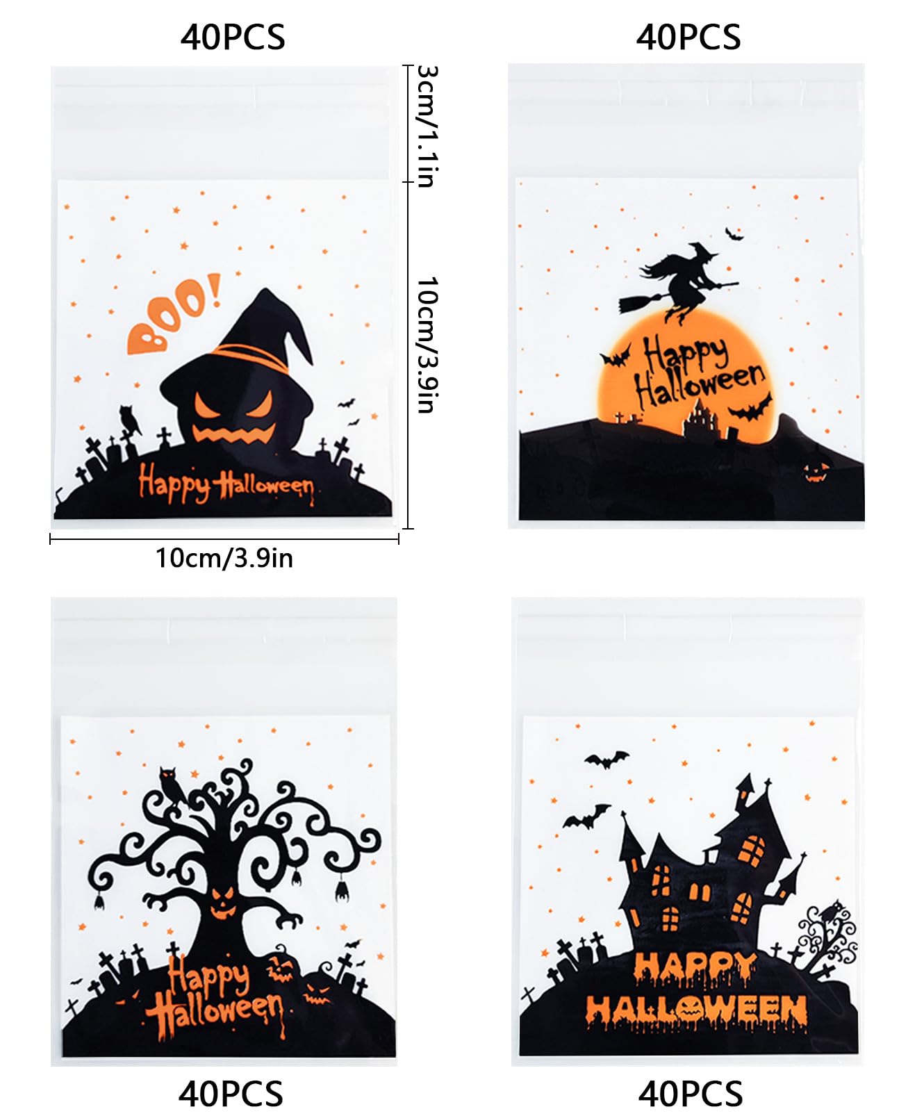 160 Pcs Halloween Cellophane Clear Treat Bags Self Adhesive Candy & Cookie Bags for Halloween Party Favors Supplies