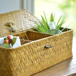 3 Compartment Storage Basket with Lid 3 Grid Hand-Woven Water Hyacinth Storage Basket Home Organizer Bins for Makeup, Clothes, Bathroom, Toilet and Home Items