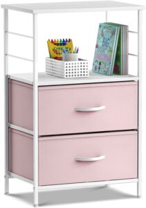 sorbus 2 drawer shelf storage nightstand - kids bedside furniture end table night stand with steel frame wood top & easy pull fabric bins, dresser & chest for home bedroom accessories office & college