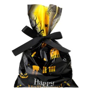 Tenare 100 Pcs Halloween Cellophane Treat Bags Plastic Goodie Candy Bags with 22 Yards Ribbon Halloween Clear Gift Treat Bags for Party Favors Snacks Cookies Packing