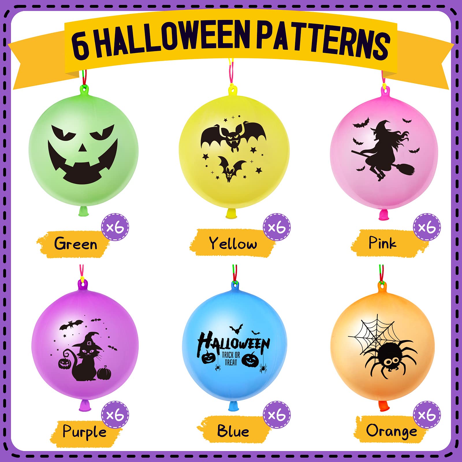 ZMCINER 36 PCS Halloween Punch Balloons, Halloween Punching Balloons Party Favor Supplies Decorations, Goodie Bag Filler, Trick or Treat Game, Halloween School Classroom Game (6 Themes)