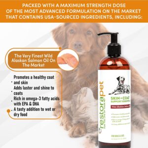 RestoraPet Skin & Coat Essentials - Wild Alaskan Salmon Oil, Natural Liquid Health Supplement for Dogs and Cats - Support Shiny Fur & Seasonal Allergy Relief, Enriched with Omega 3-16 fl. oz. Bottle