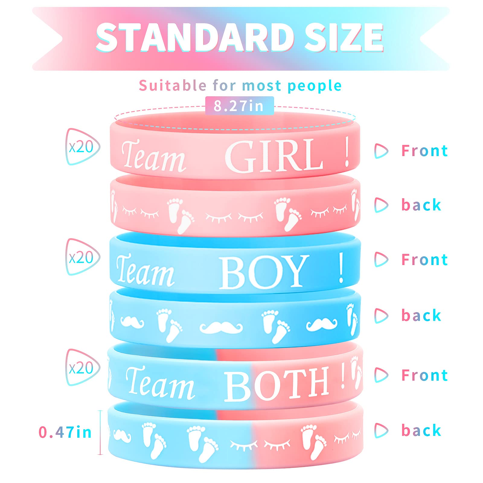 Hicarer 60 Pieces Gender Reveal Bracelets, Team Silicone Wristbands Team Gender Reveal Party Bracelets Team Both Rubber Wristband for Shower Gender Reveal Party Favor Supplies, Blue and Pink