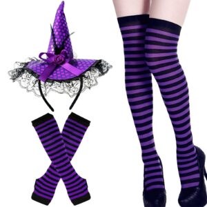 asekonc halloween women’s witch hat headband and 1 pairs long striped socks knee high stocking for halloween party favors supplies cosplay costume(purple)